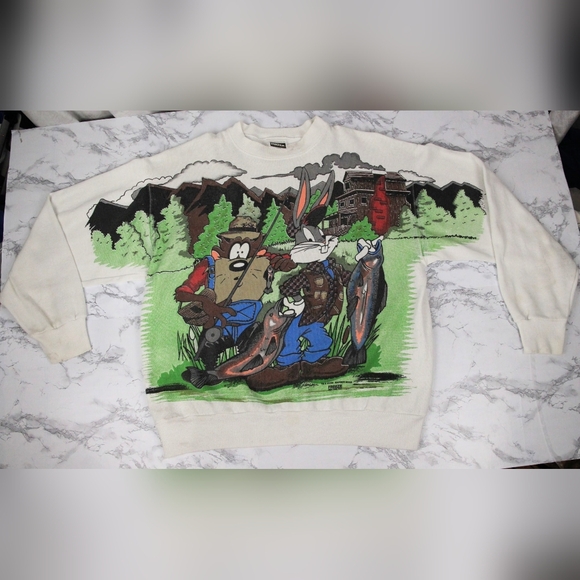 Tultex | Sweaters | Vintage Looney Tunes Bugs Bunny Taz Fishing ...
